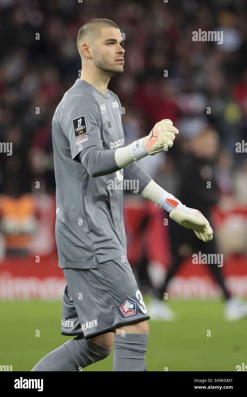 Lille goalkeeper Lucas Chevalier celebrates the victory following the ...