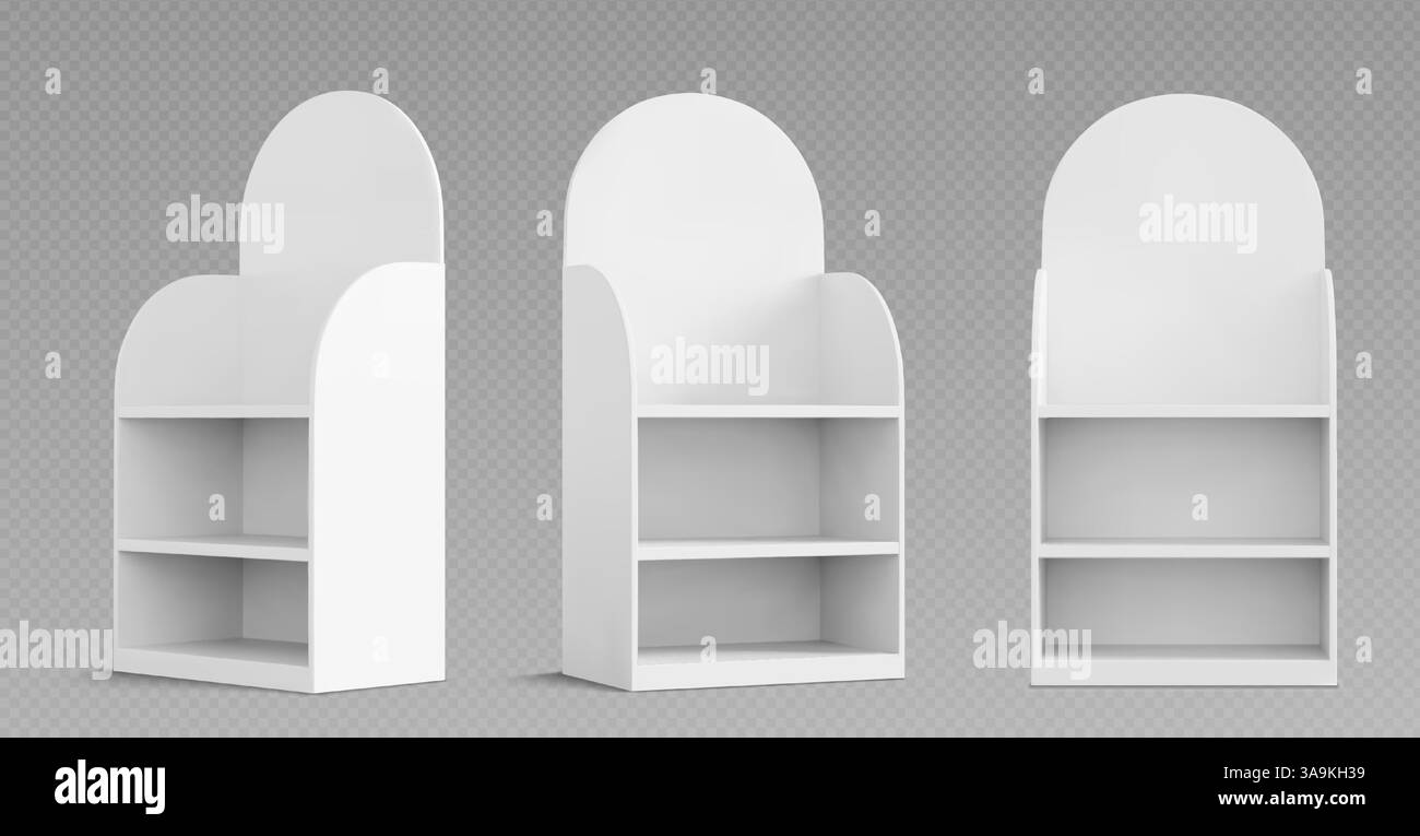Cardboard display shelves set with arch shape. Realistic vector mockup ...