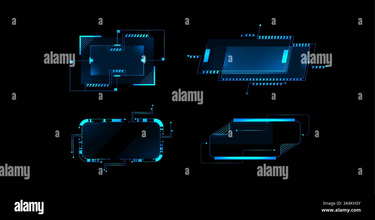 Futuristic cyberpunk HUD elements collection - neon blue glowing frames ...