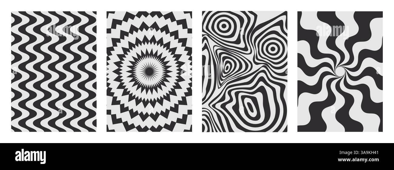 Optical illusion patterns set - abstract black and white designs with ...
