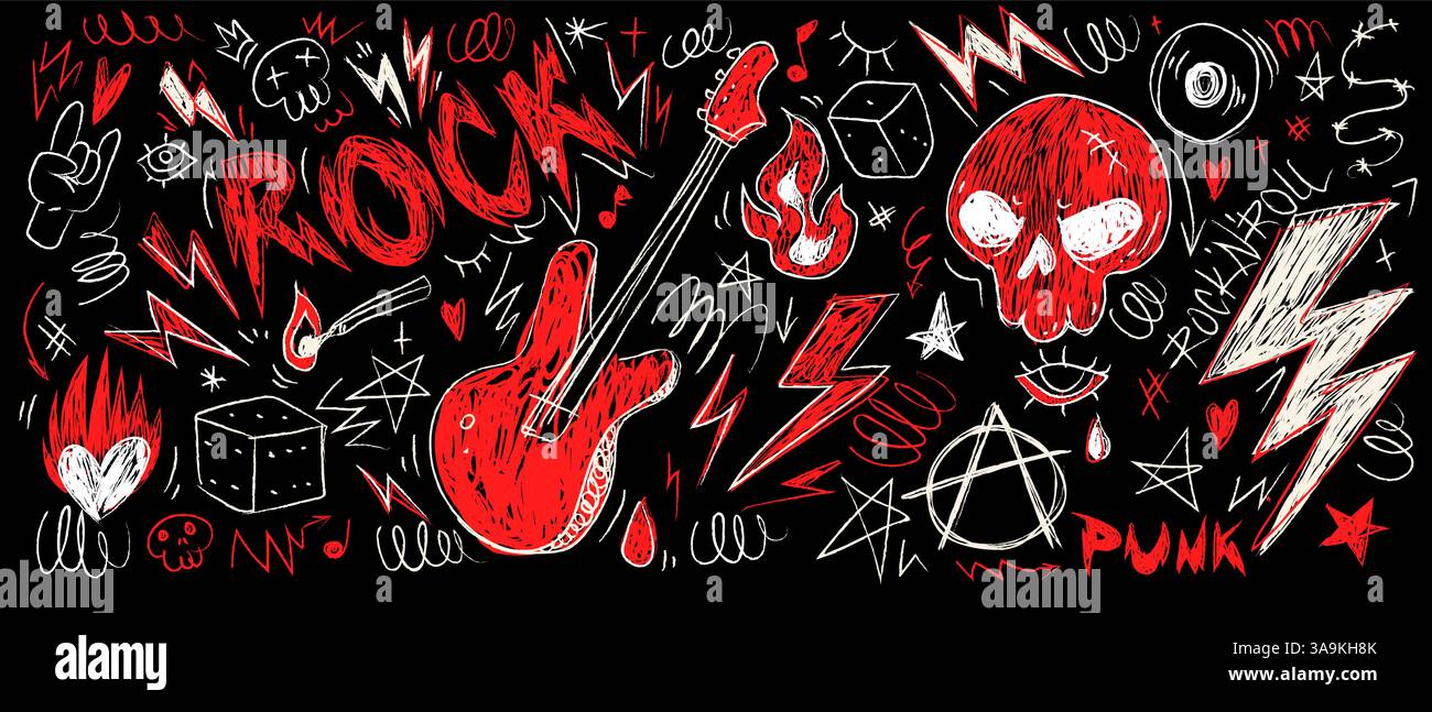 Punk rock music design elements collection - electric guitar, skull ...