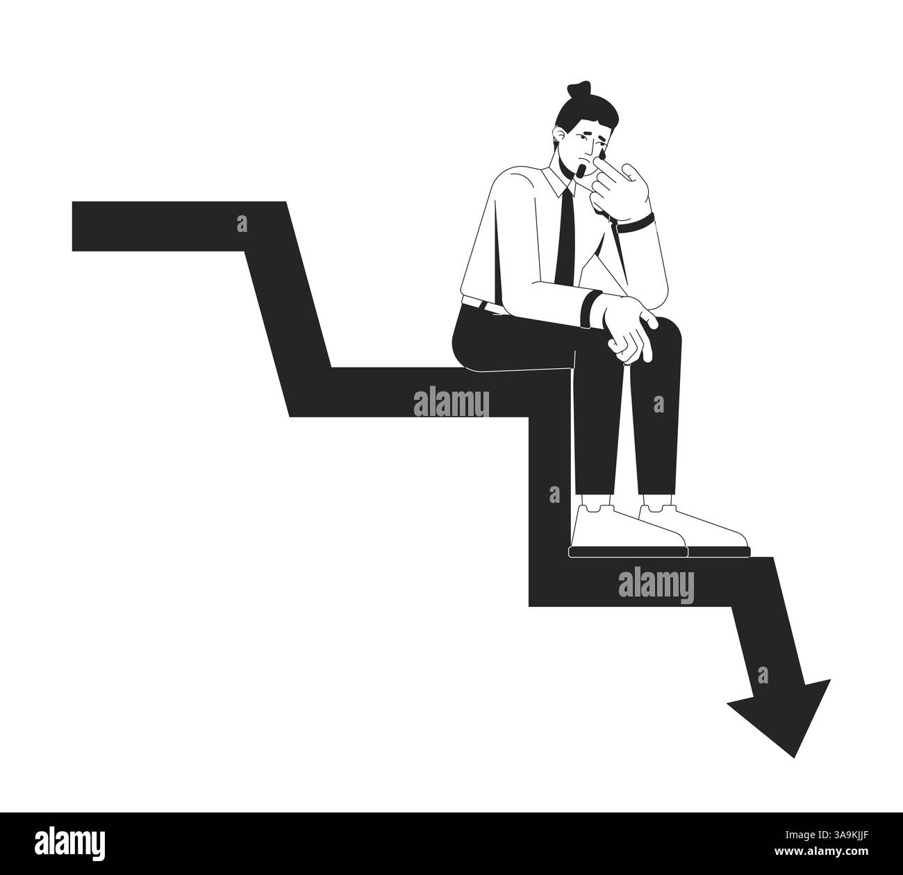Distressed businessman sitting on declining arrow chart line ...