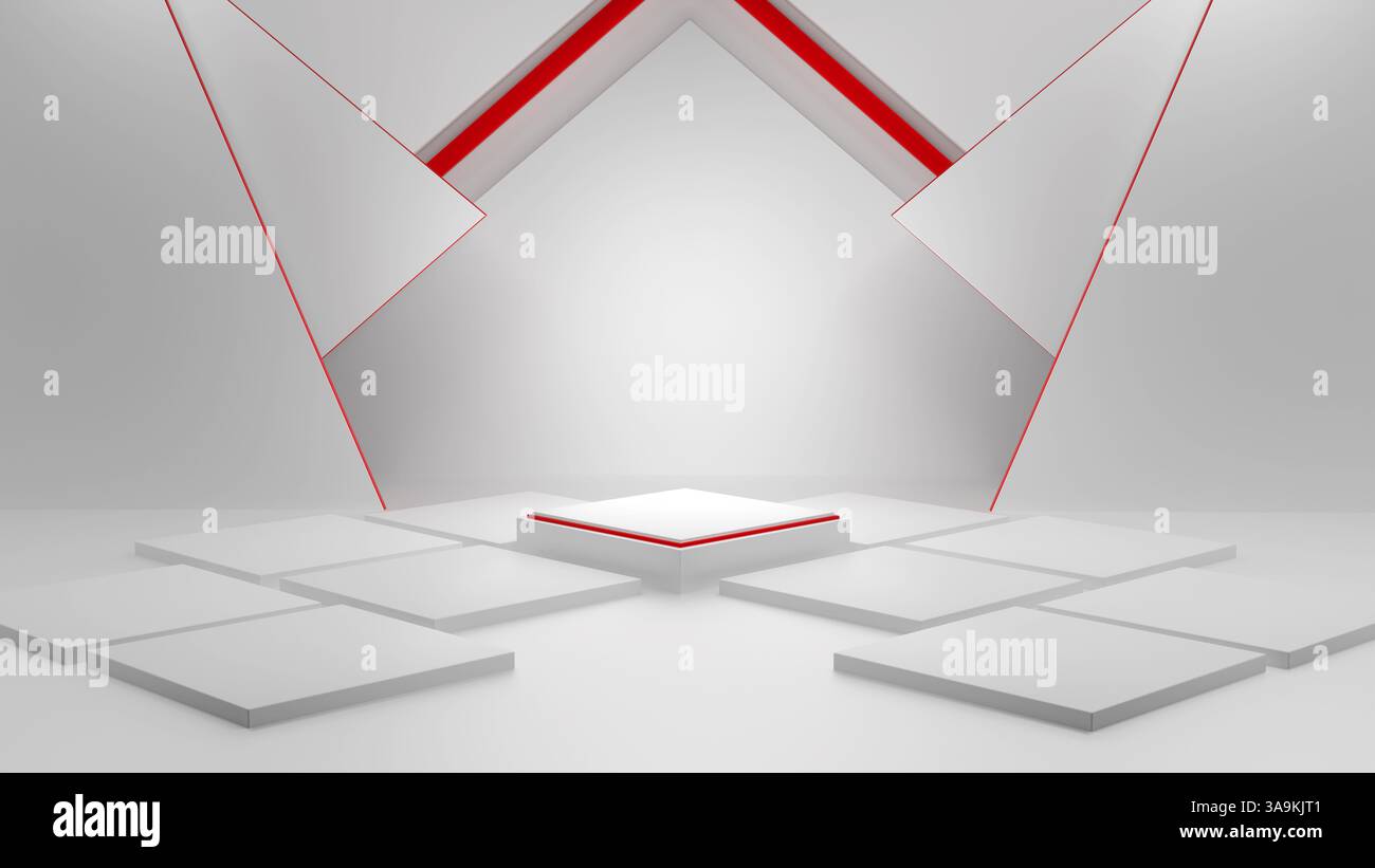 A minimalist stage features a geometric design with white panels and ...