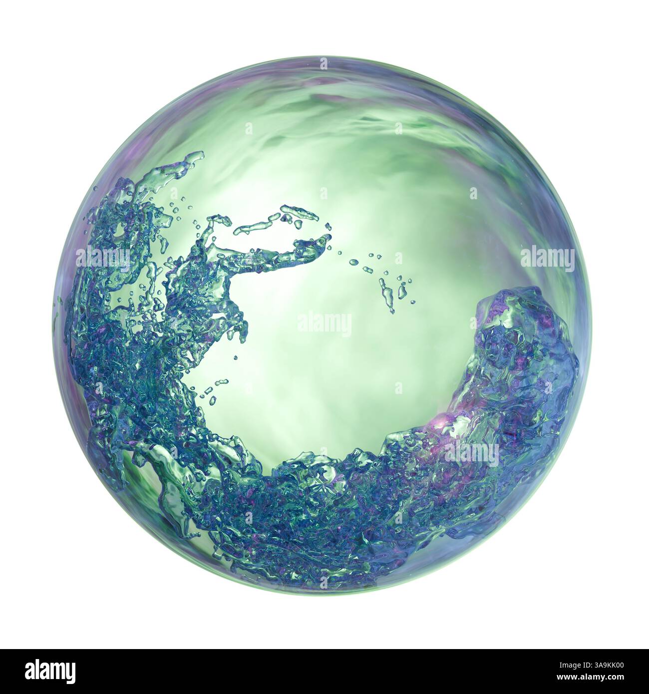 A spherical design features swirling shades of green and blue ...