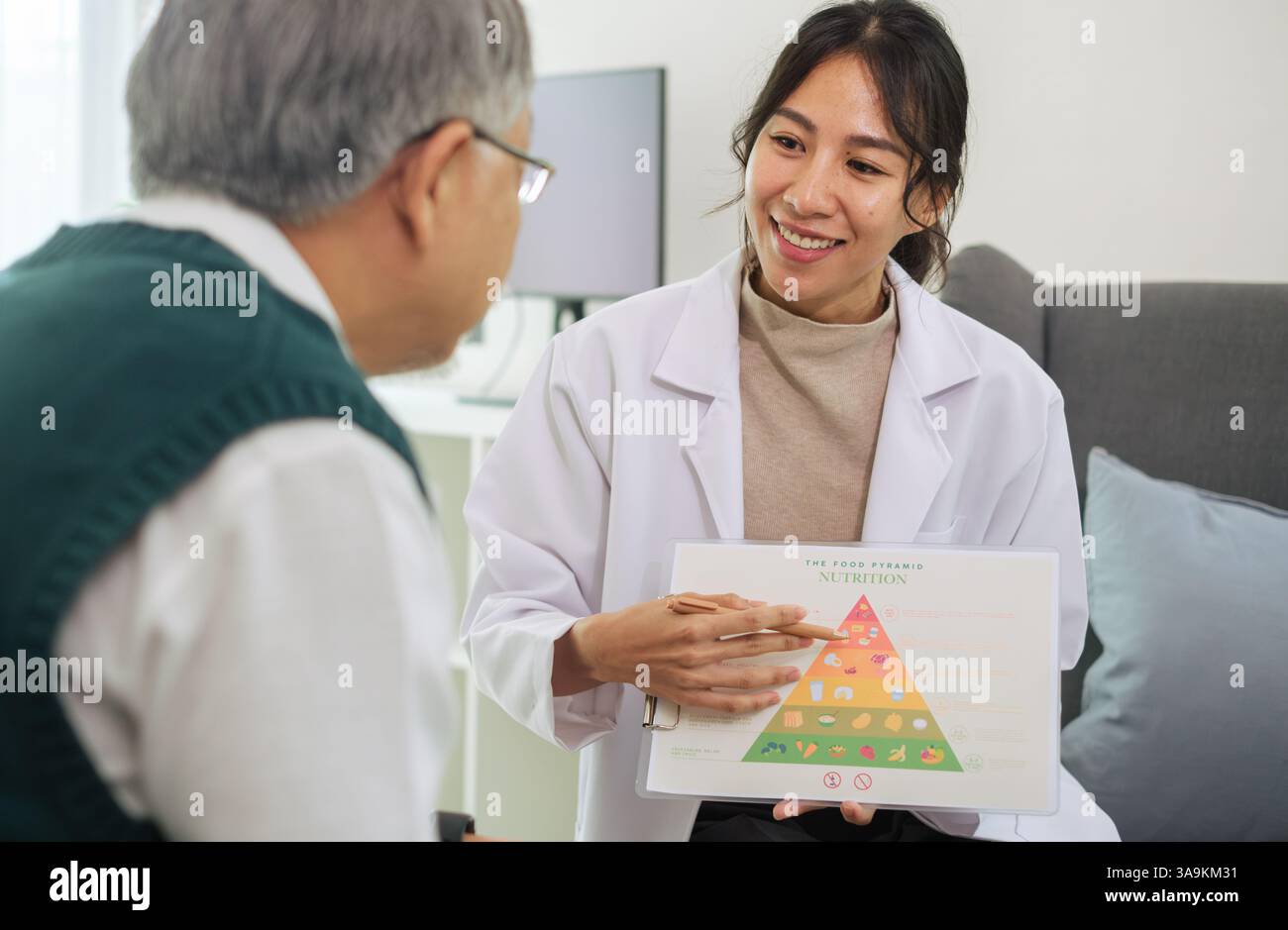 Doctor Explaining Healthy Eating and Food Pyramid to Senior Patient ...