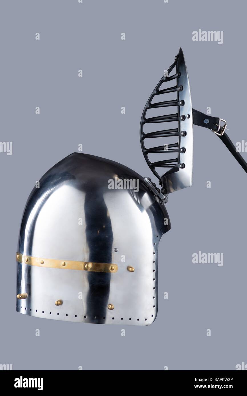 Medieval Bascinet Helmet with Bar Grill Visor Open Stock Photo - Alamy