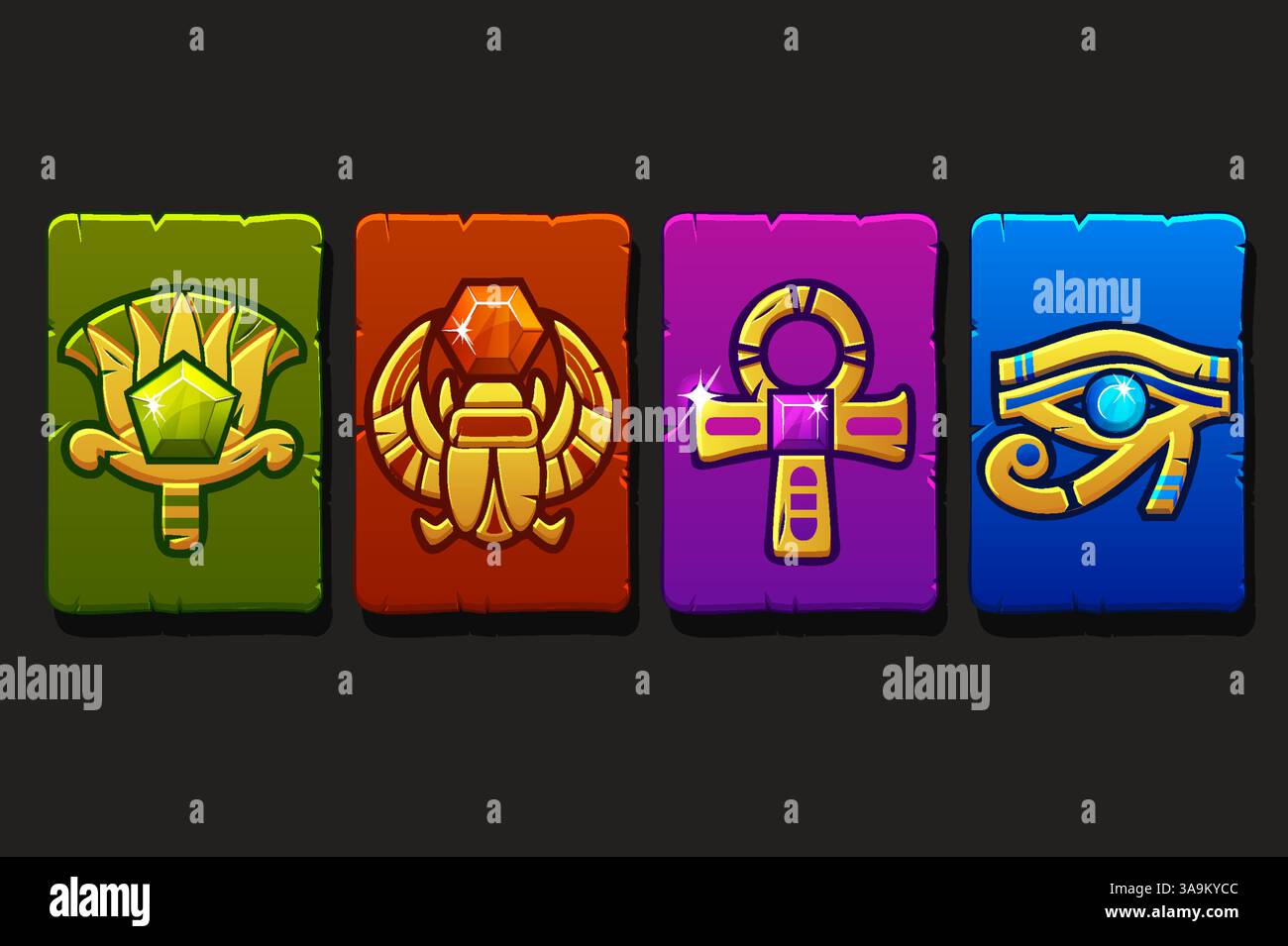 Colored Egyptian suit playing cards with Egyptian scarab, Lotus, Ankh ...