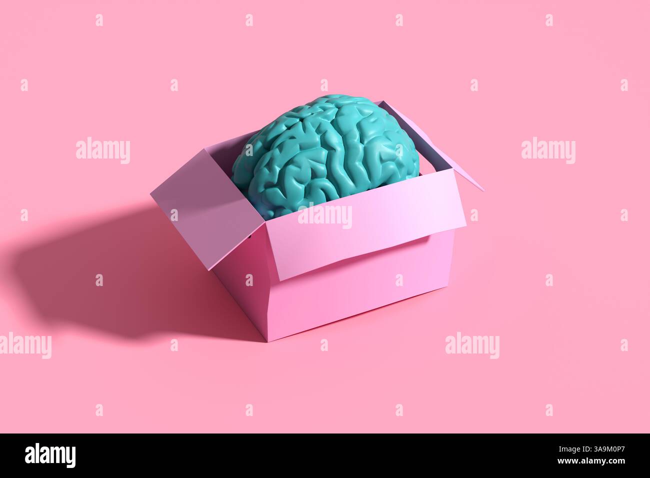 Turquoise brain coming out of an open pink box on a pink background ...