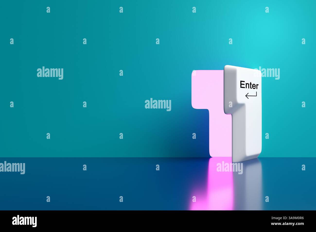 Giant Enter key opening a glowing pink portal on turquoise background ...