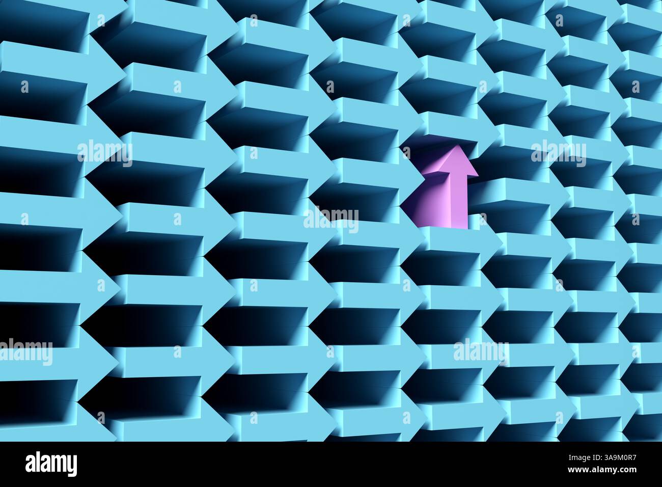 Purple arrow pointing upward while many blue arrows point to the right ...