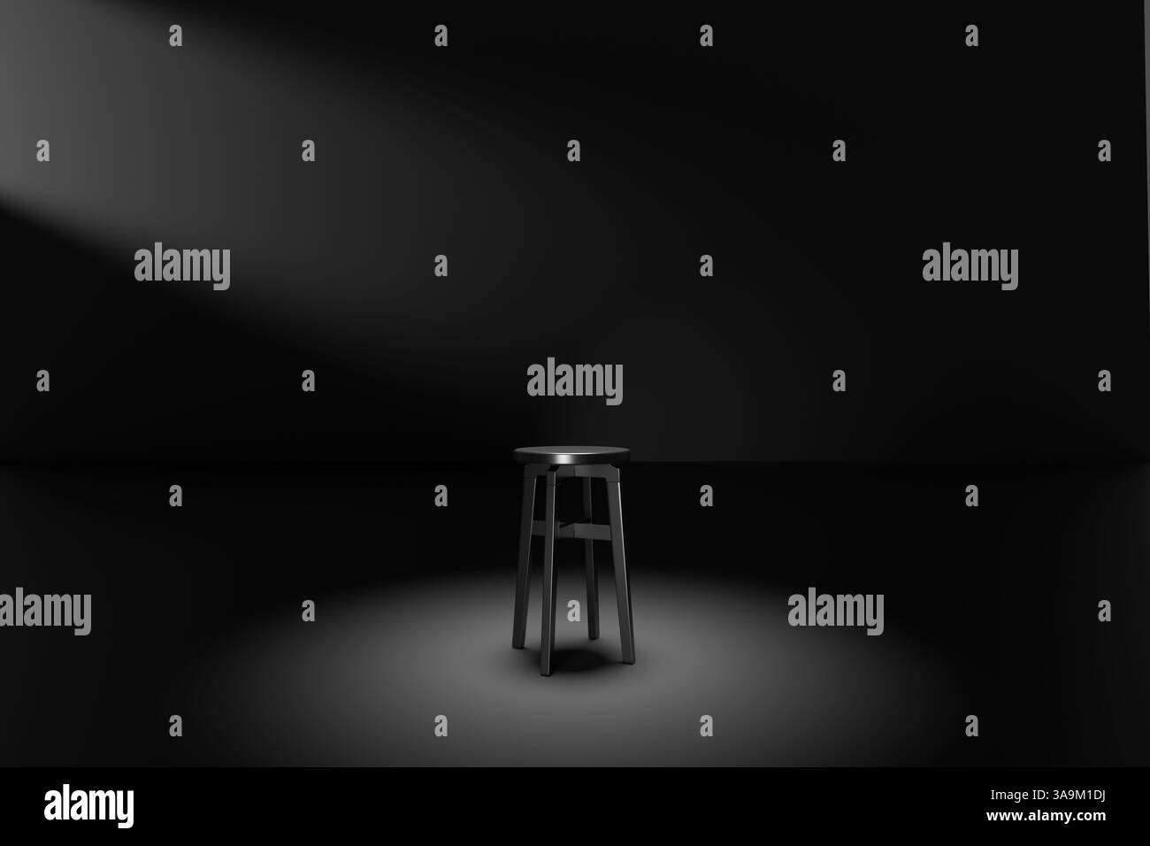 Minimalist dark room featuring a single stool, illuminated by a ...