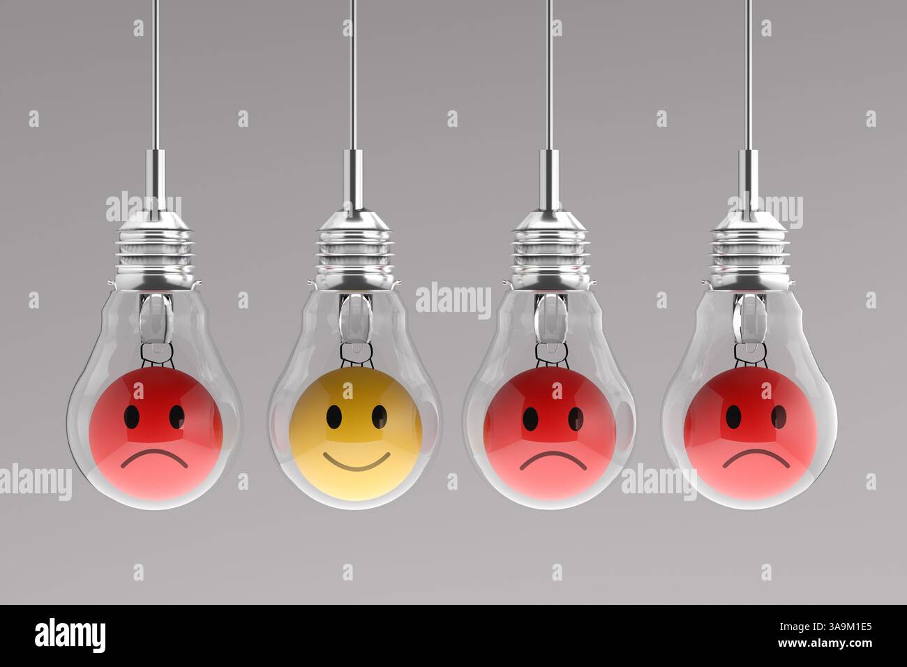 Light bulbs with emoticons inside, only one with a positive expression ...