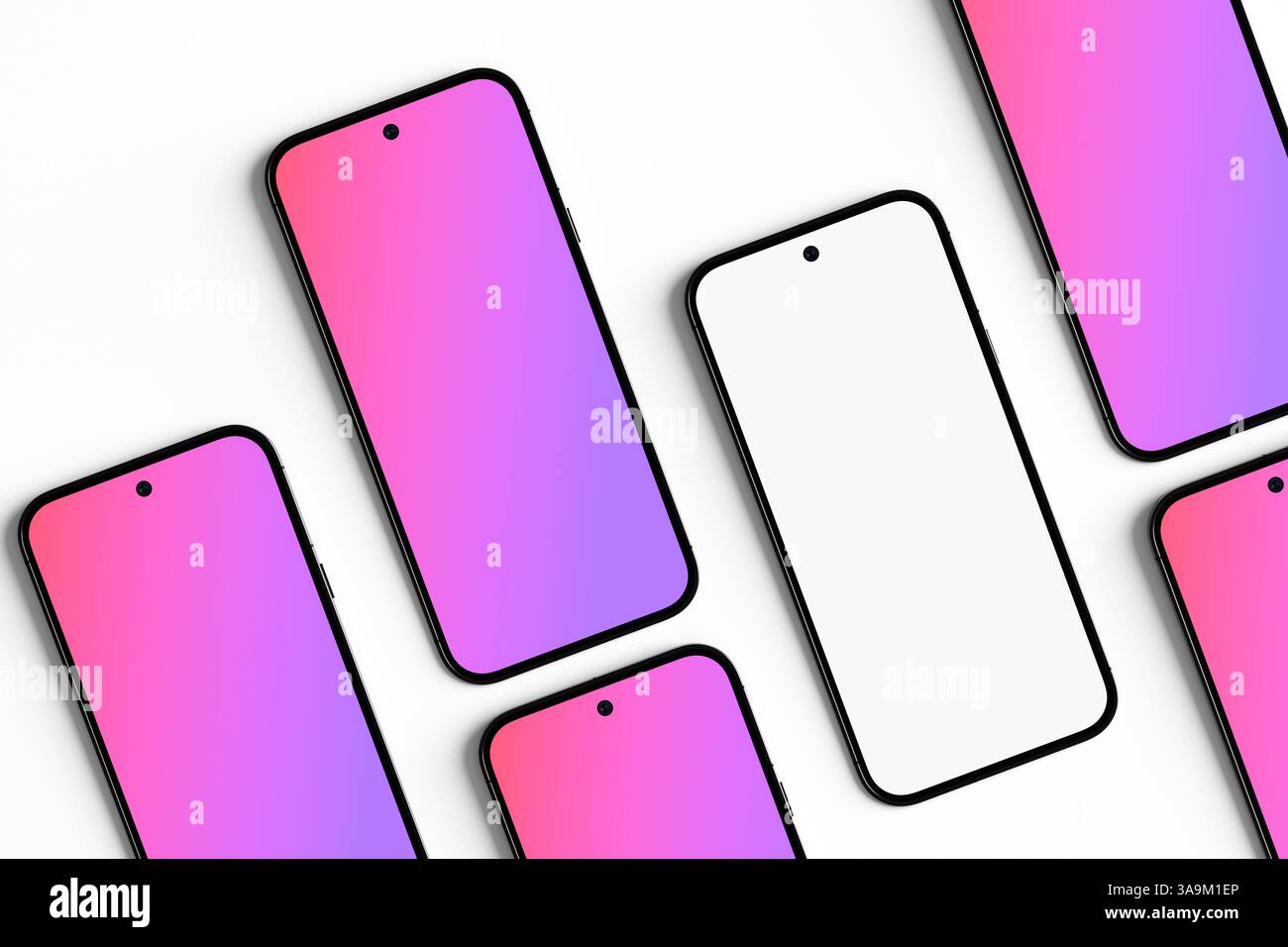 Modern smartphones with colorful gradient screens lying on white ...