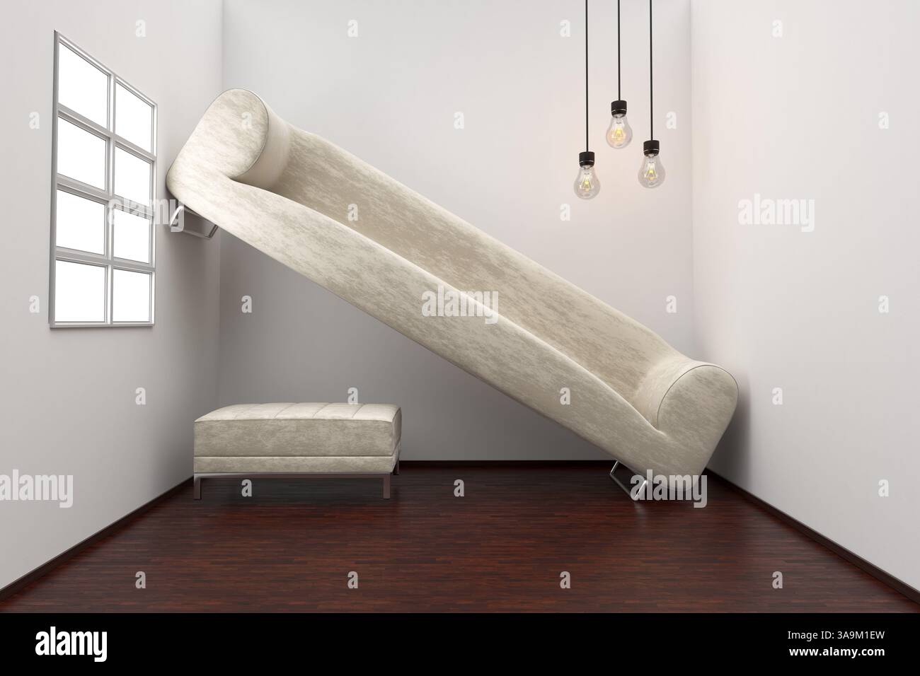 Tight, small, limited or cramped house space . White sofa leaning ...