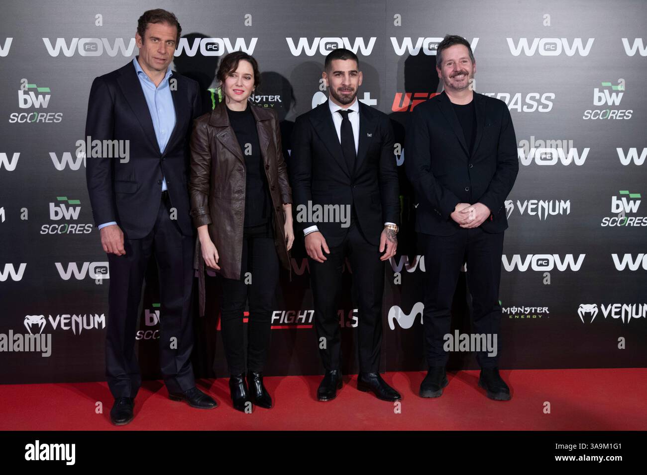 Isabel Diaz Ayuso (L), Ilia Topuria and Mariano de Paco Serrano (R ...