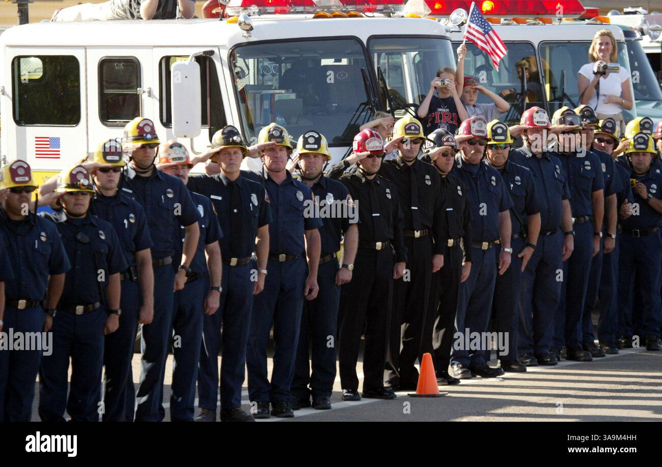 Jun 11, 2004; Camarillo, CA, USA. Firemen in Camarillo, Calif, salute ...
