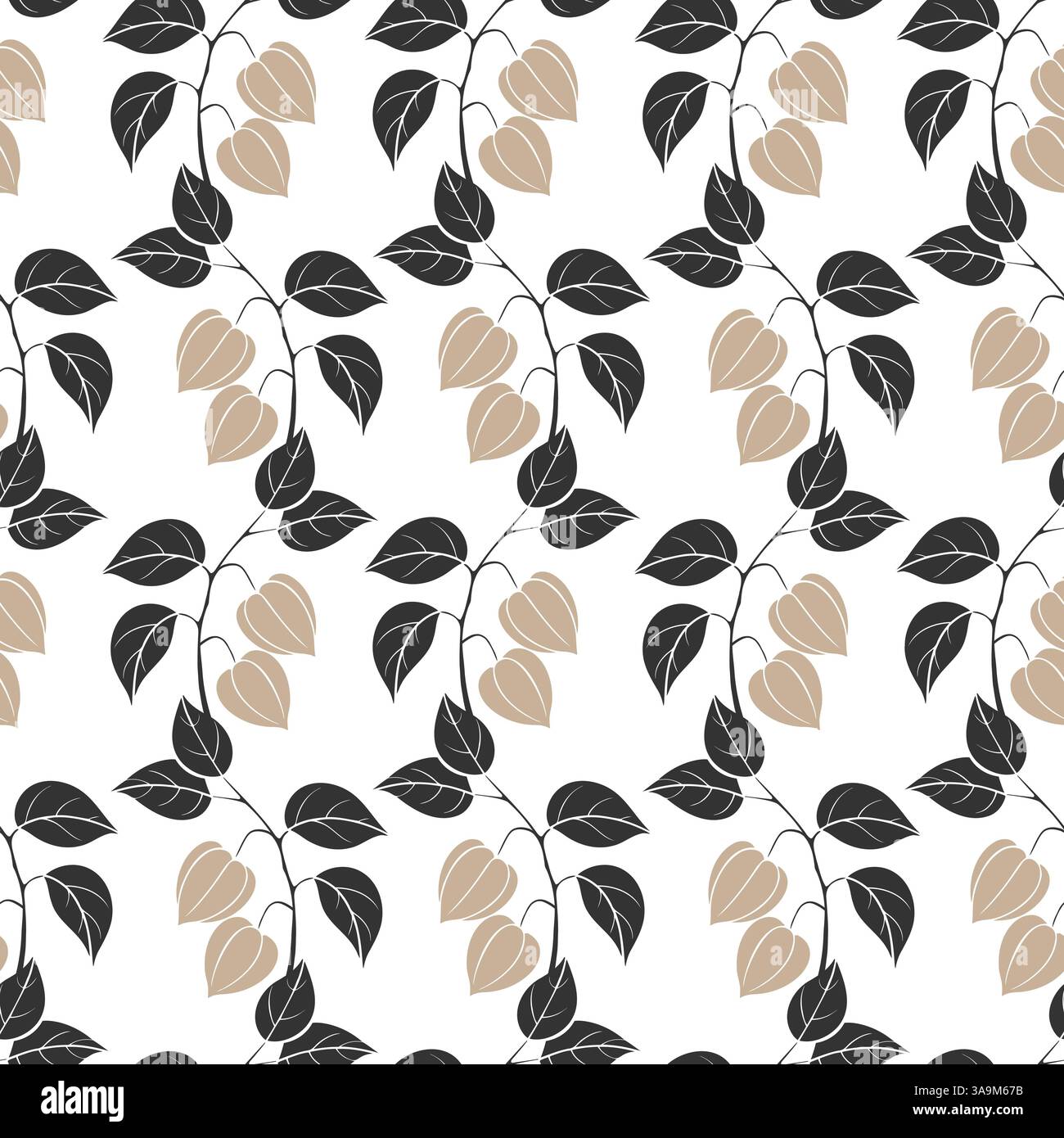 Physalis branch pattern, twigs with lantern fruits, leaves. Botanical stylized silhouette. Dark ...