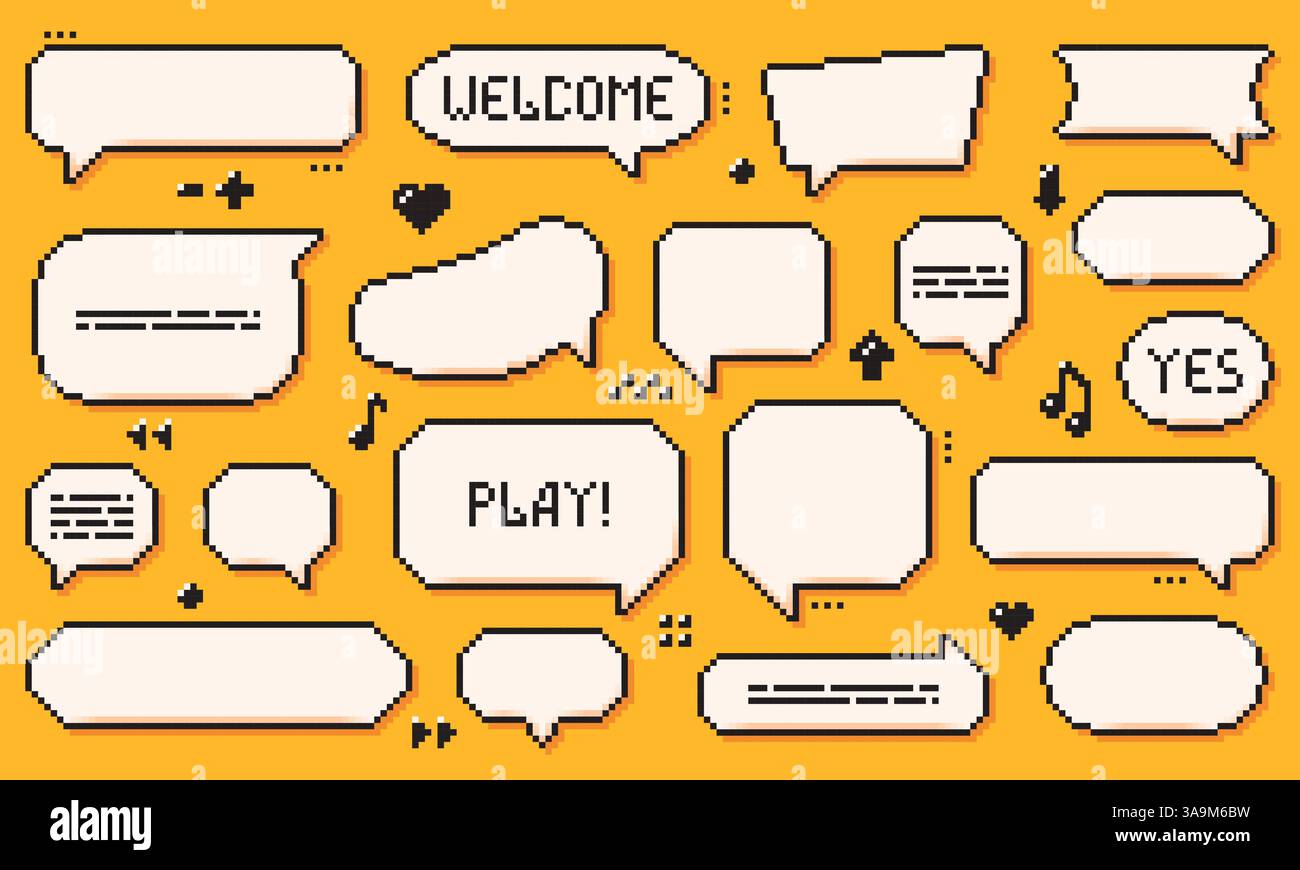 Pixel dialogue boxes. Speech bubbles drawn in 8 bit Y2k style with some tiny dark elements Stock ...