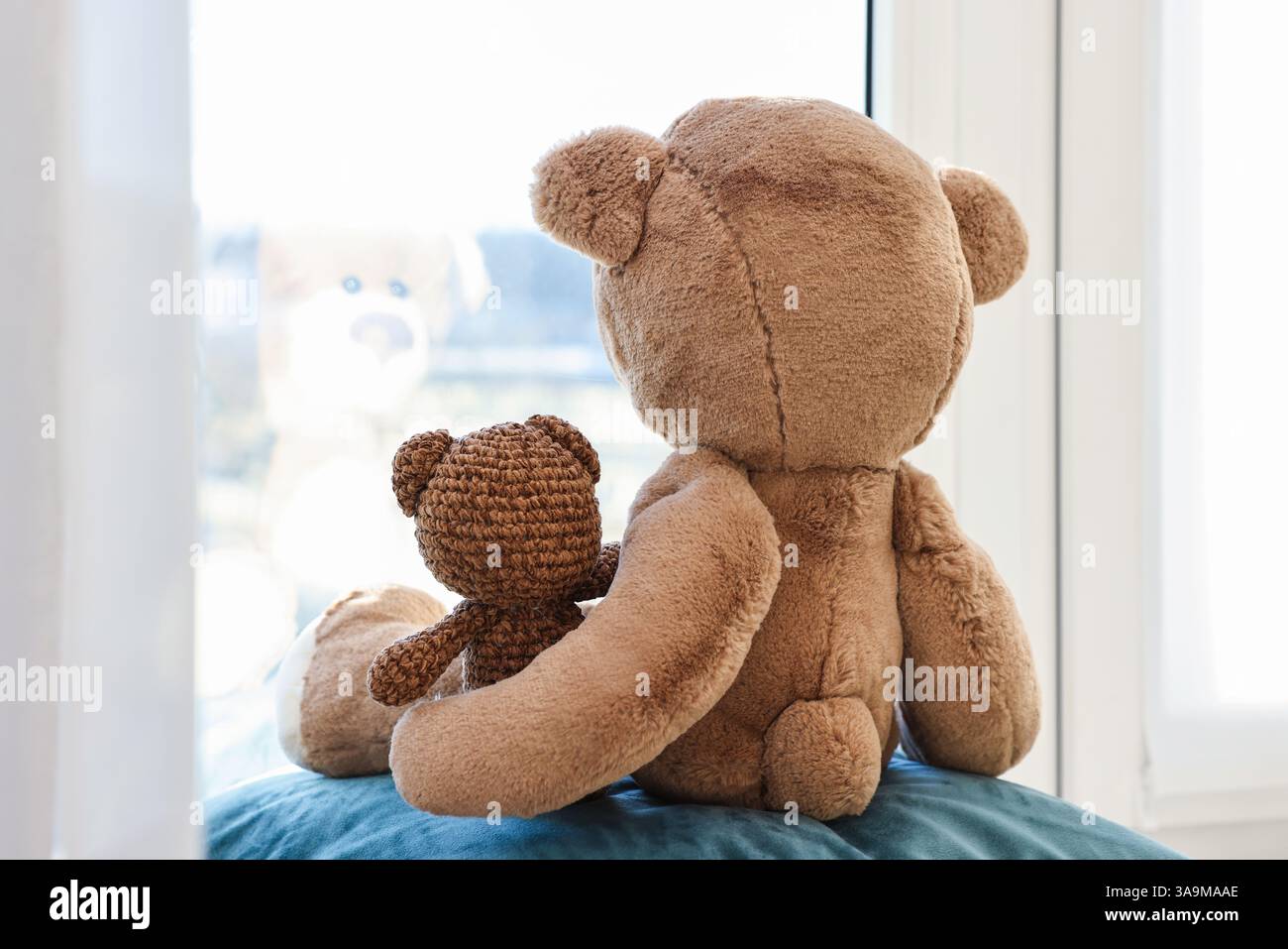 Two cute teddy bears near window indoors, back view Stock Photo - Alamy