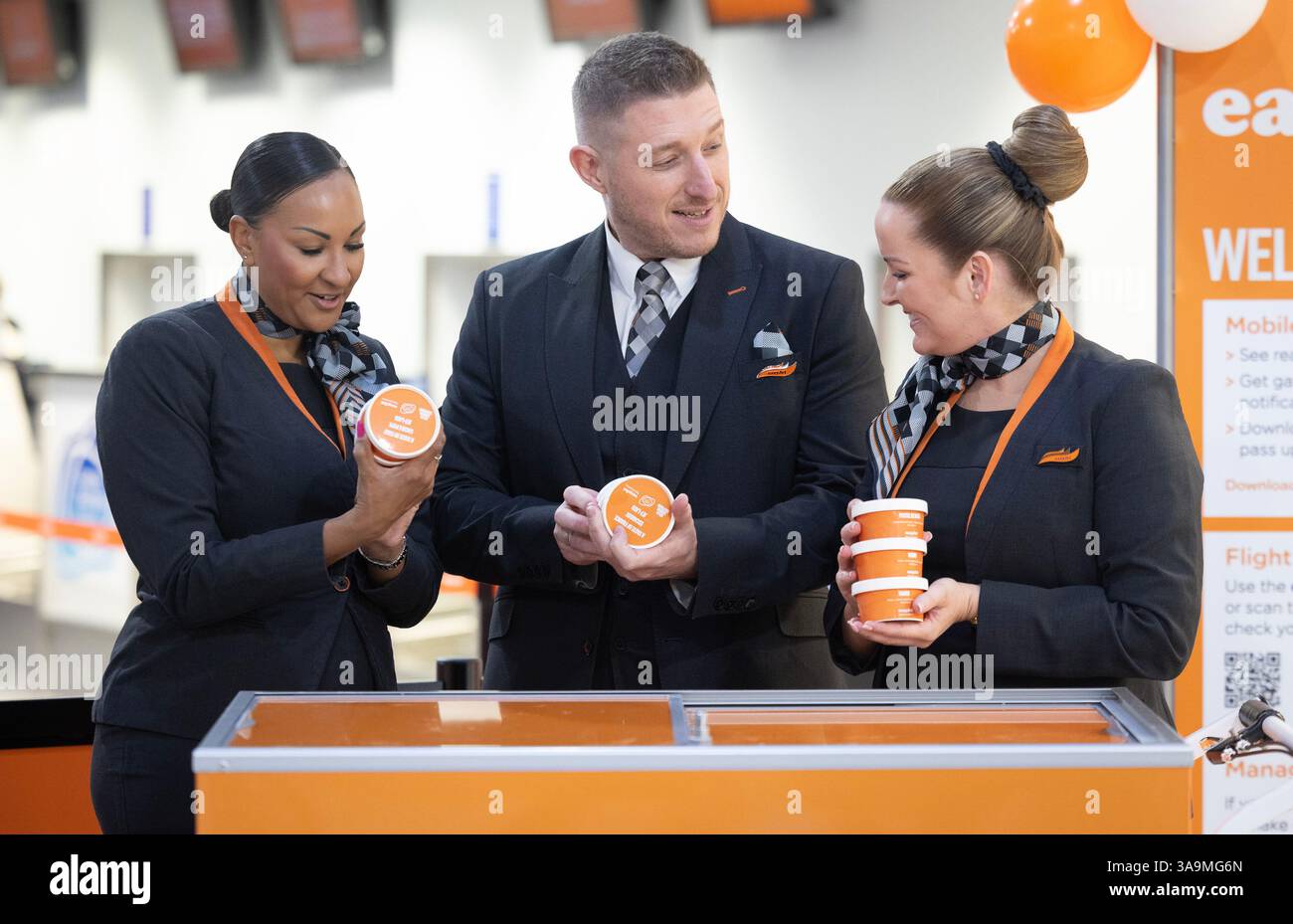 EDITORIAL USE ONLY (left to right) easyJet Cabin Crew Cherrelle Fox ...