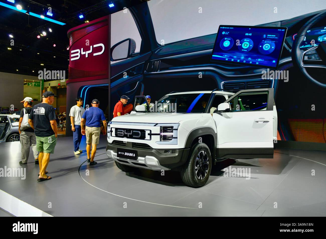 Thailand-March 26,2025: BYD Shark 6 DMO Super Hybrid Off-Road Platform, BYD's first pickup truck ...