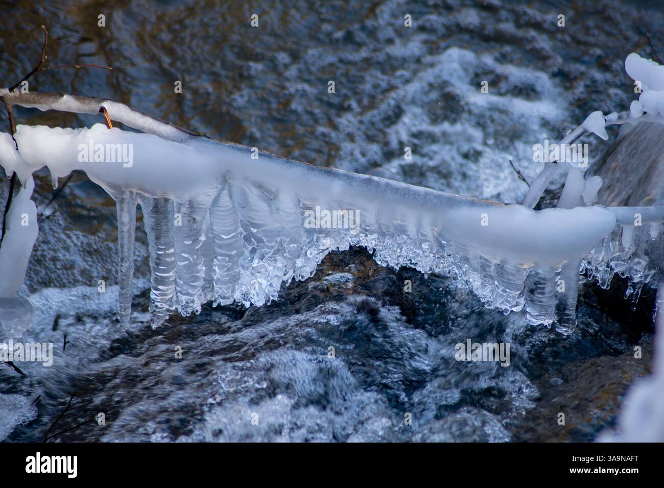 Ice covered branch hanging over creek. Winter art from waterfall Stock ...