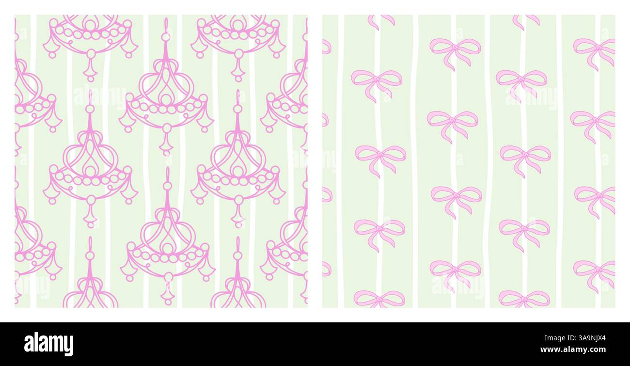 Hand-drawn whimsical Coquette Pattern set. Pink Antique Chandelier and ...