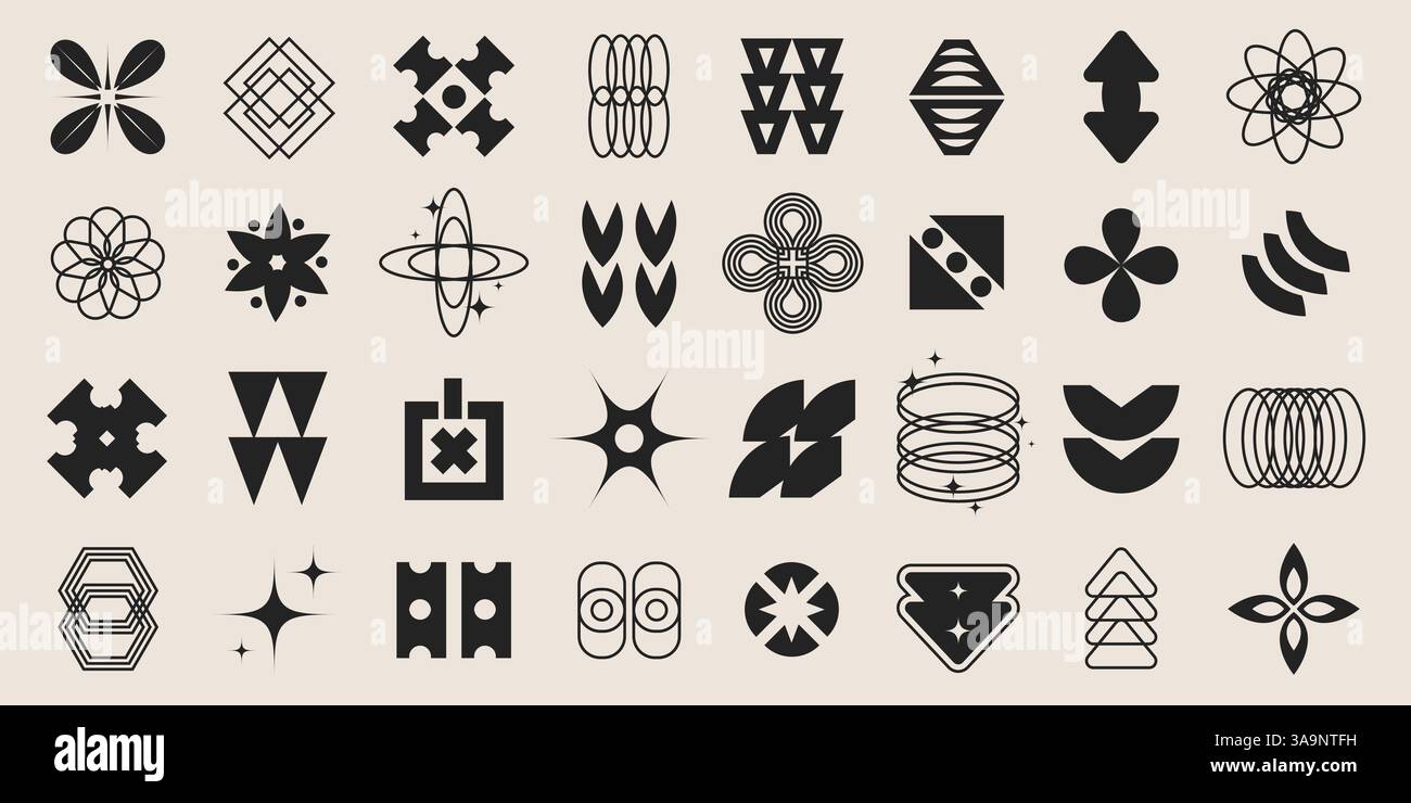 Brutalist black and white geometric shapes set. Abstract contemporary shapes, y2k retro design ...