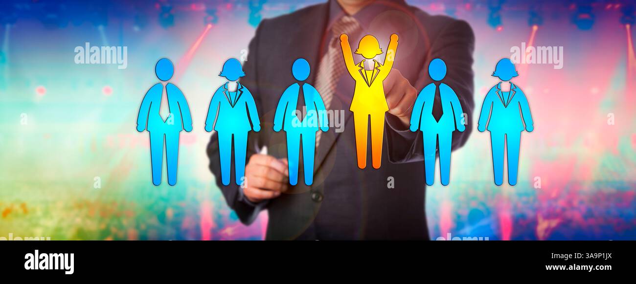 Unrecognizable business leader selecting a female winner in a mixed ...