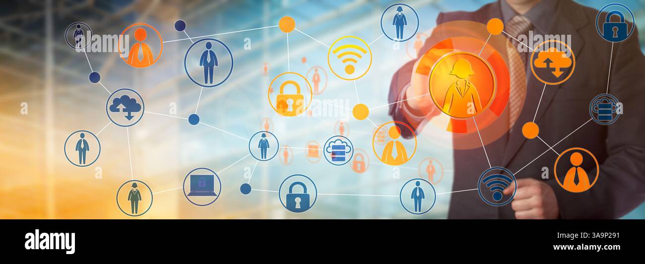 Unrecognizable business man touching a female employee icon in a ...