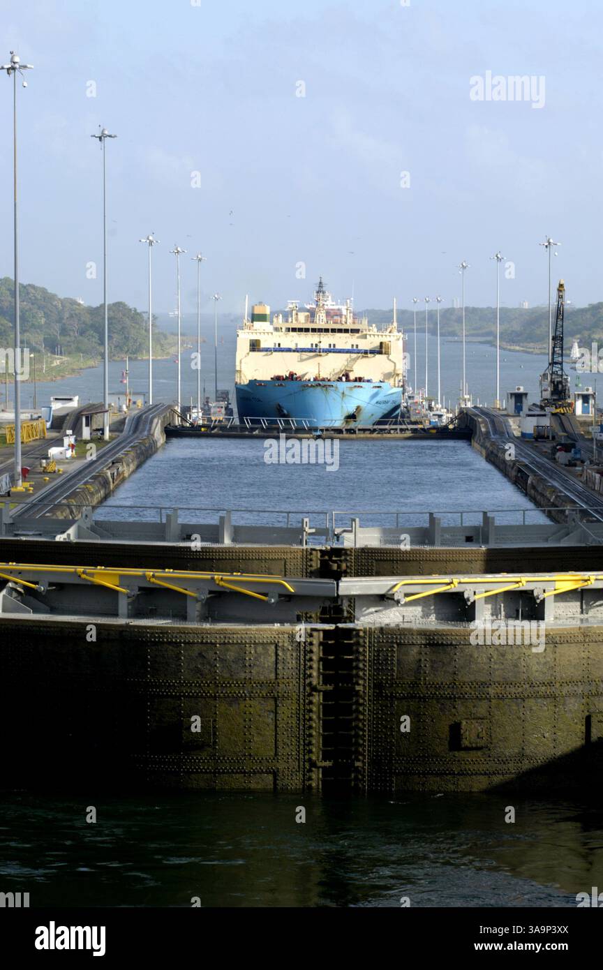 Jan 02, 2006; Panama Canal, PANAMA; A ship enters the first miter gate ...