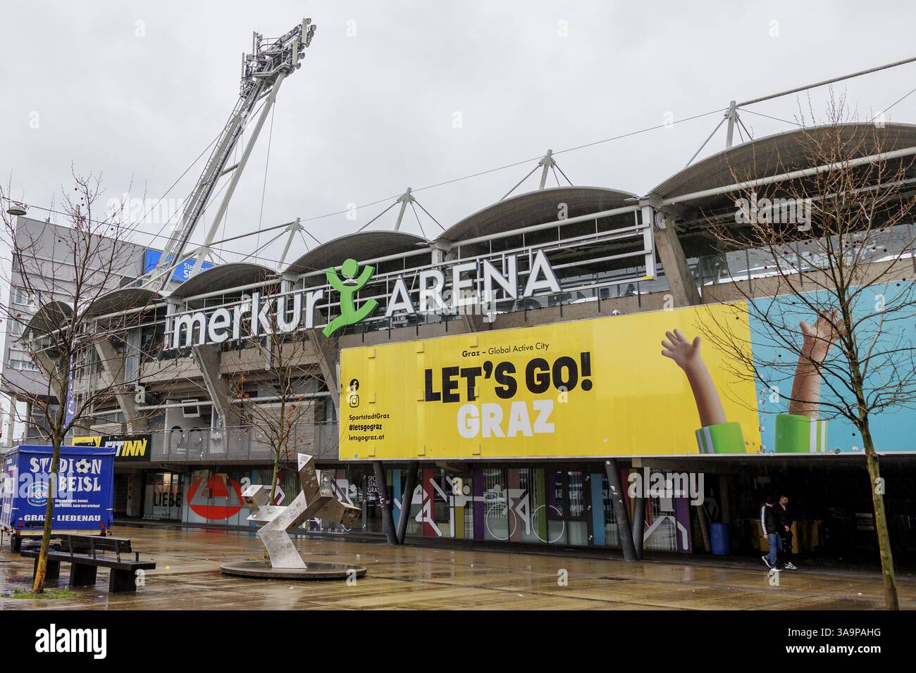 THEME PICTURE - An exterior view of the Merkur Arena with the Merkur Versicherung logo on ...