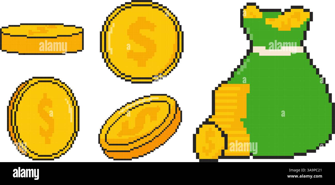 8 bit gold coin set. Pixel art object. Old school computer graphic ...