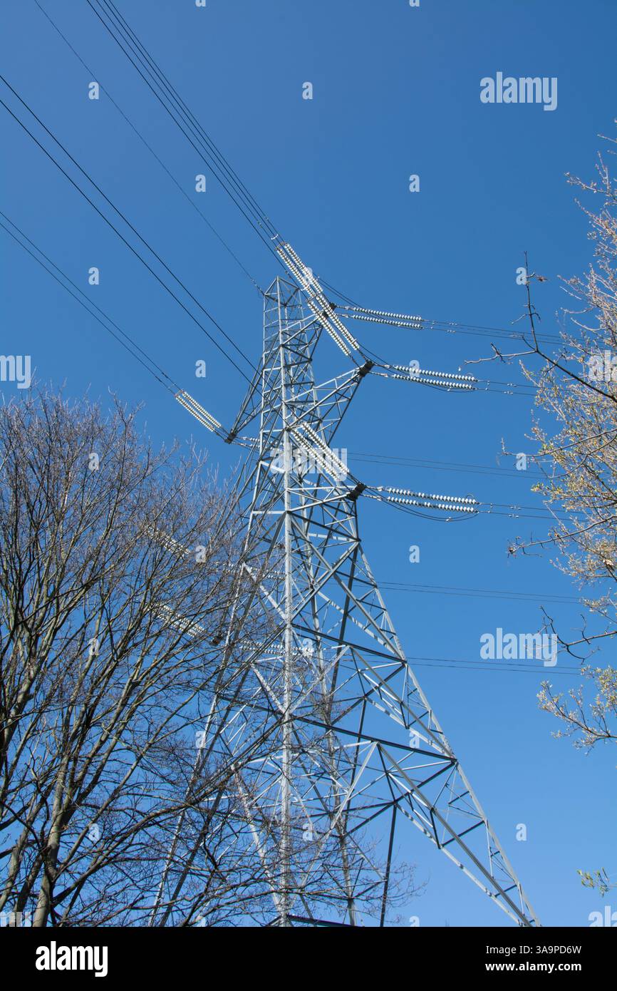 Closeup of National Grid high-voltage electricity pylon and power lines ...