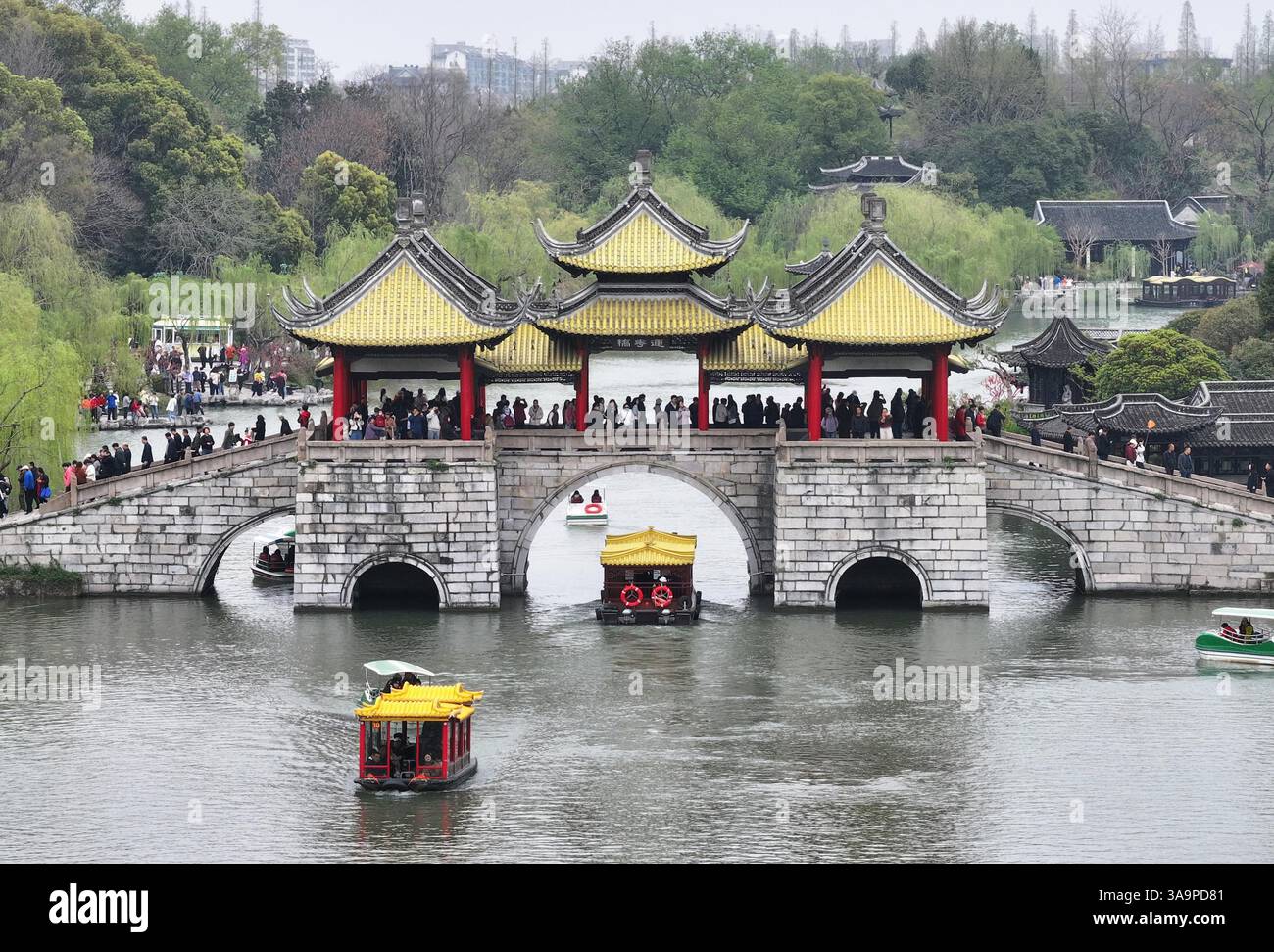 Aerial photo shows the spring scenery in Slender West Lake scenic area ...