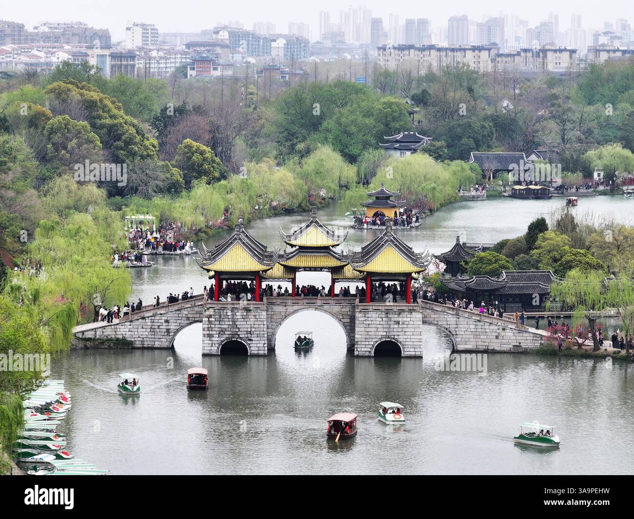 Aerial photo shows the spring scenery in Slender West Lake scenic area ...