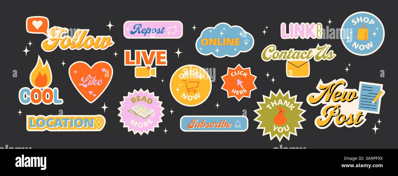 Social media call to action stickers. Modern action labels in trendy ...