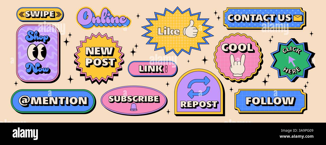 Call to action stickers. Modern action labels in trendy retro style ...