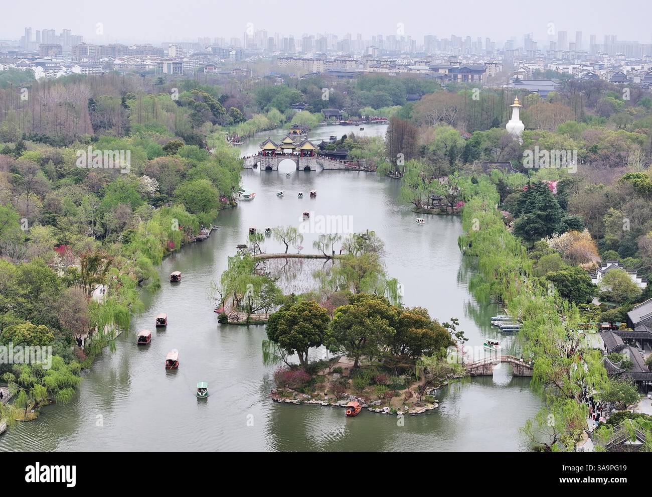 Aerial photo shows the spring scenery in Slender West Lake scenic area ...