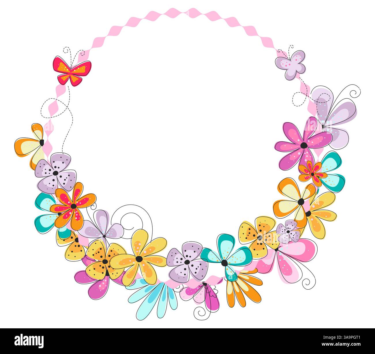 Bright easter frame with colorful flowers and butterflies. Easter celebration background. Spring ...