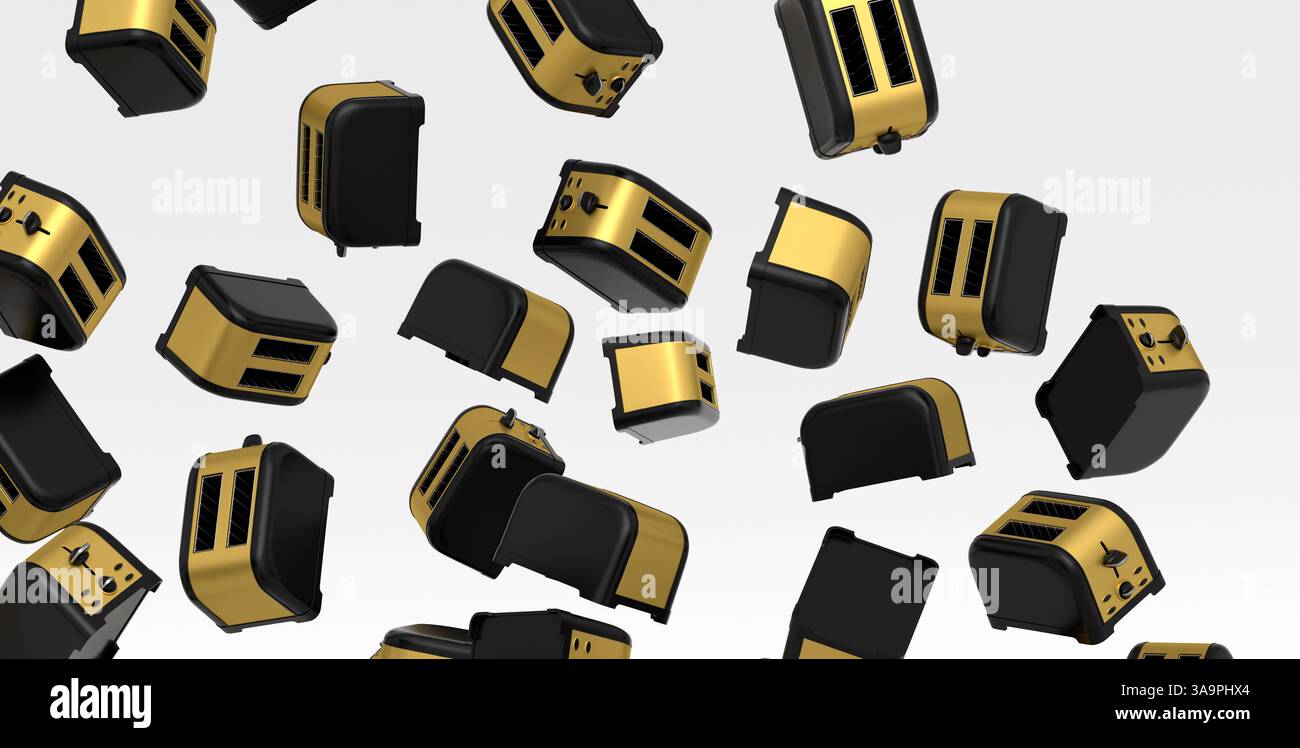 Many of flying stainless steel toaster for making toast bread on a ...