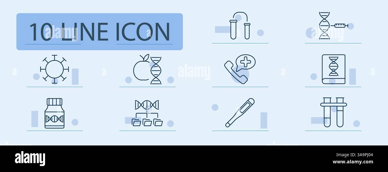 Genetic set icon. DNA, test tube, apple, health, molecule, vaccine ...