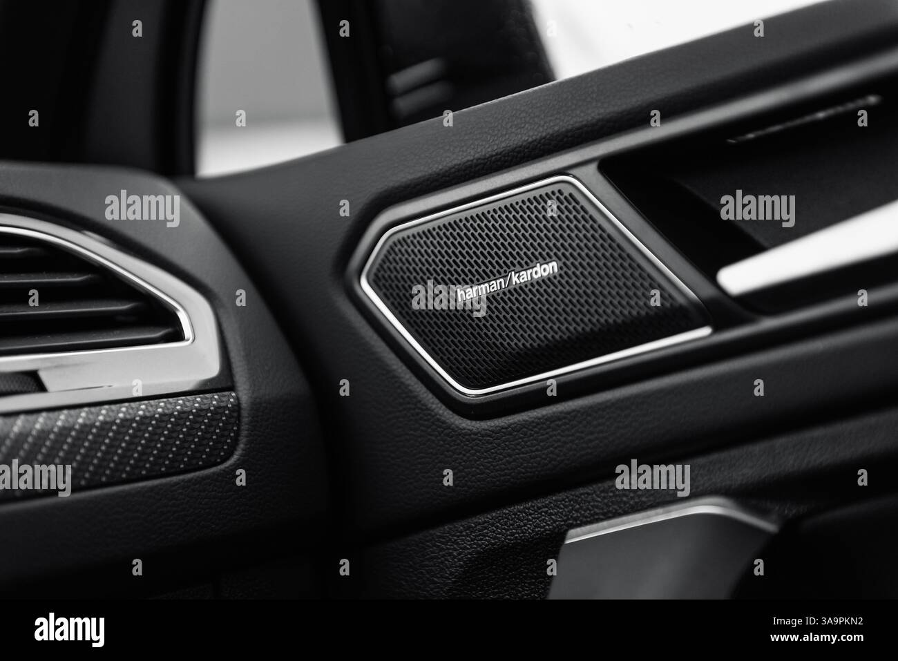 Corner of front door and front panel in a car. Interior of new car with ...