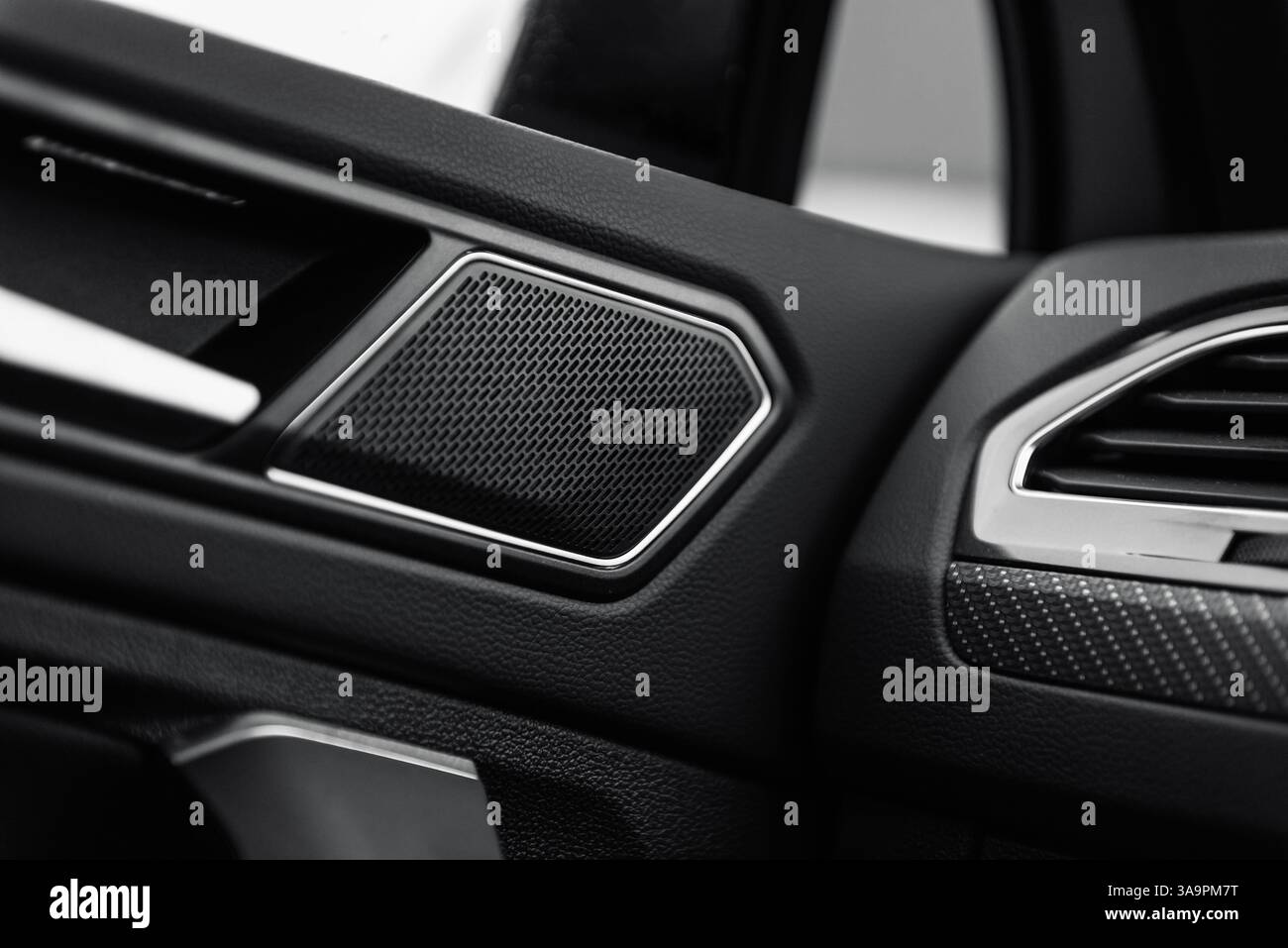 Corner of front door and front panel in a car. Interior of new car with ...