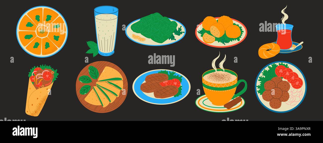 Turkish cuisine collection. Traditional dishes. Baklava, shawarma ...