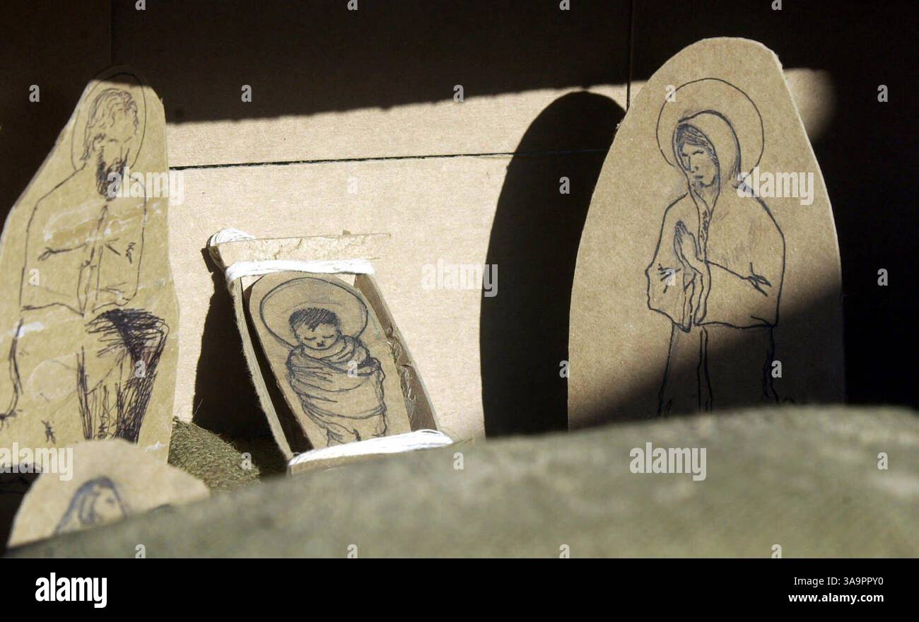 Dec 17, 2001; Camp Rhino, Afghanistan; Figures in a Nativity scene were ...