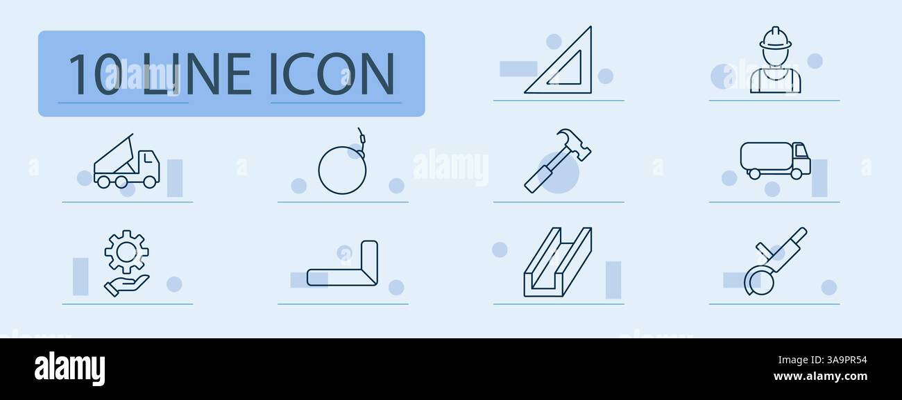 Construction set icon. Truck, helmet, worker, triangle, hammer, mixer ...