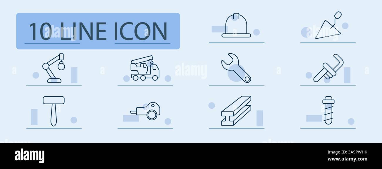 Engineering set icon. Robot arm, crane, helmet, wrench, trowel, clamp ...