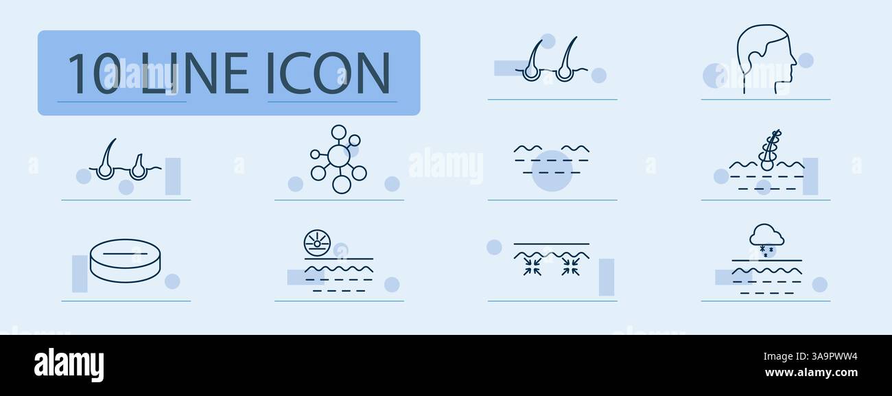 Dermatology set icon. Follicle, molecule, profile, curl, soap ...
