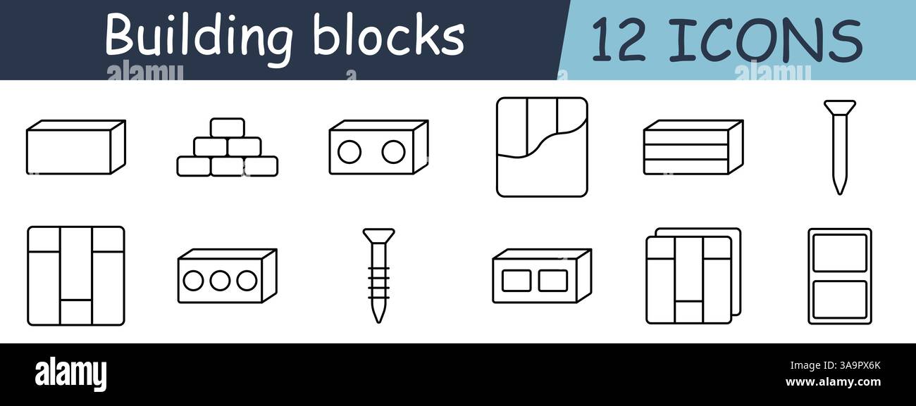 Building blocks set icon. Brick, cement, concrete, screw, nail ...